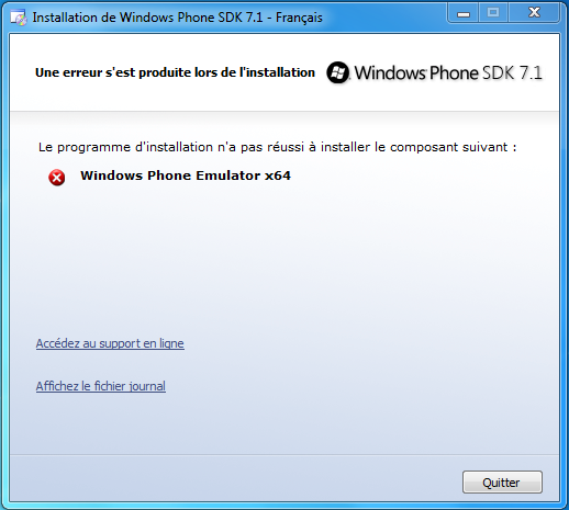 [Windows Phone] Installation Windows Phone SDK 7.1 - Erreur installation Windows Phone Emulateur ...