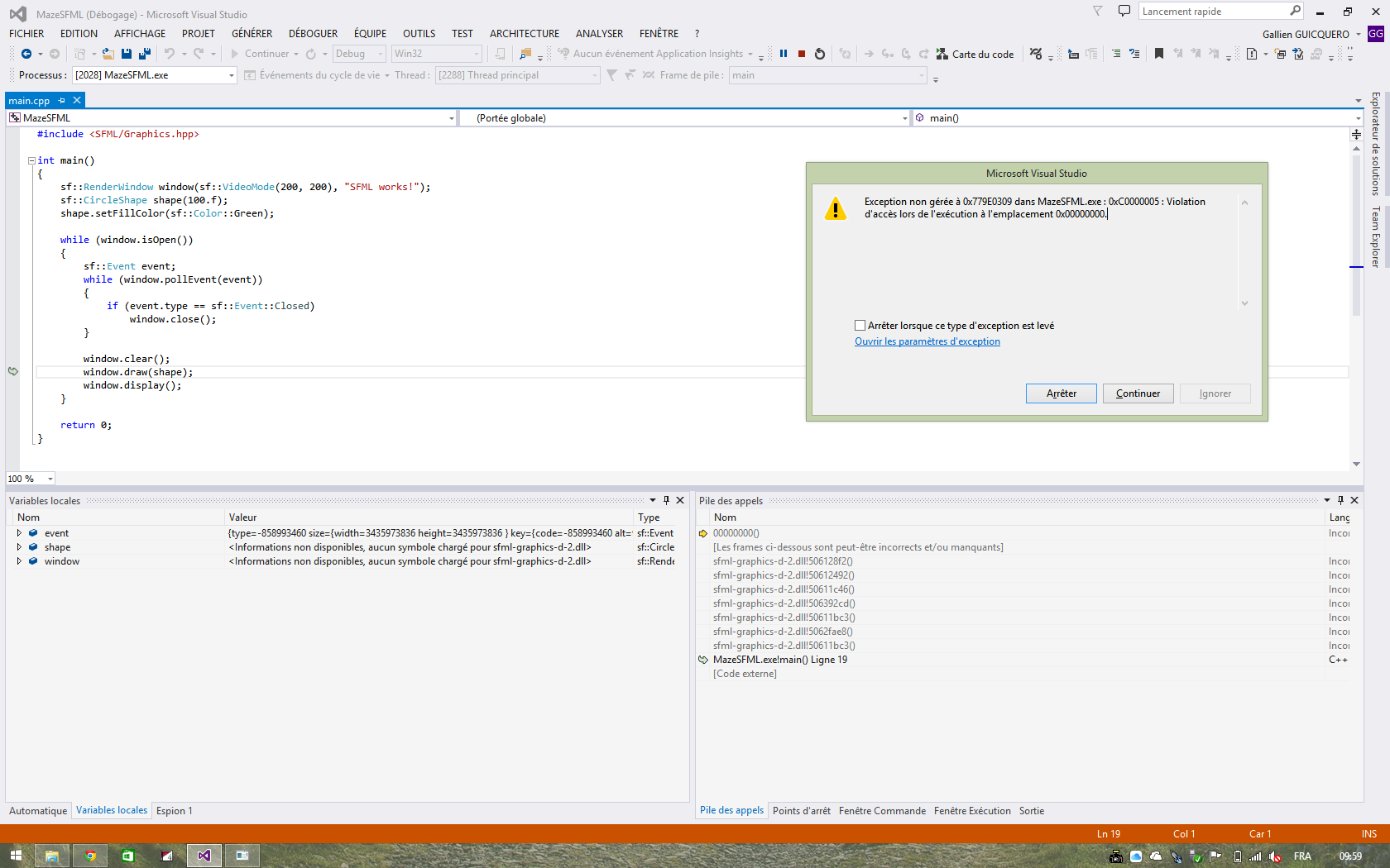 [SFML 2.2 & VS2013] Code exemple crash - page 1 - OpenClassrooms